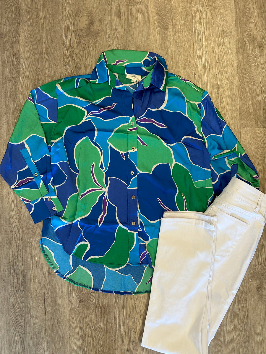 Blue Green Print Button Up Top – Simply Chic Monogram Boutique Rockingham